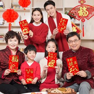 HOWAF Chinese New Year Decoration 2023- Fu Character Garland Red Lantern Garland, Lunar New Year Red Window Stickers, Red Envelope, Lion Hanging Card, New Year Eve Party Decoration Supplies, Pack of 54