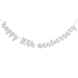 innoru glitter silver happy 10th anniversary banner – ten sign – children kids 10th birthday banner – 10th wedding anniversary party bunting decoration