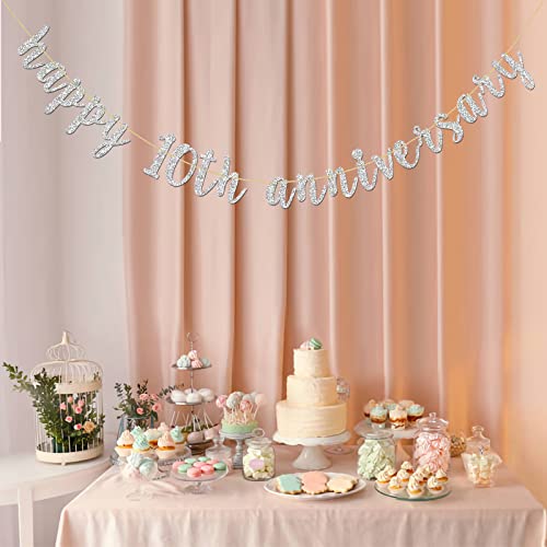 INNORU Glitter Silver Happy 10th Anniversary Banner - Ten Sign - Children Kids 10th Birthday Banner - 10th Wedding Anniversary Party Bunting Decoration