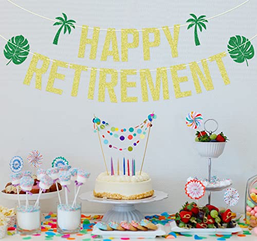 Happy Retirement Banner Gold Glitter - Retirement Party Decorations Palm leaves Decor, Farewell Party Cake Decor, Tropical Retirement Decor, Happy Retirement Party Decorations