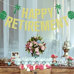 Happy Retirement Banner Gold Glitter - Retirement Party Decorations Palm leaves Decor, Farewell Party Cake Decor, Tropical Retirement Decor, Happy Retirement Party Decorations