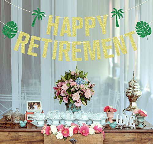 Happy Retirement Banner Gold Glitter - Retirement Party Decorations Palm leaves Decor, Farewell Party Cake Decor, Tropical Retirement Decor, Happy Retirement Party Decorations