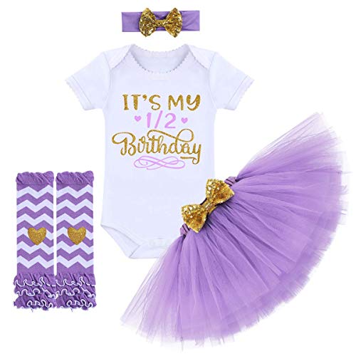 Baby Girls Half 1st 2nd Birthday Outfits Fancy Party Cake Smash Short Sleeve Gold Letter Print Shiny Sequin Bowknot Romper Bodysuit + Tulle Tutu Skirt + Headband + Stripes Leg Warmer 4PCS Clothes Set