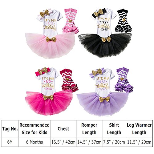 Baby Girls Half 1st 2nd Birthday Outfits Fancy Party Cake Smash Short Sleeve Gold Letter Print Shiny Sequin Bowknot Romper Bodysuit + Tulle Tutu Skirt + Headband + Stripes Leg Warmer 4PCS Clothes Set