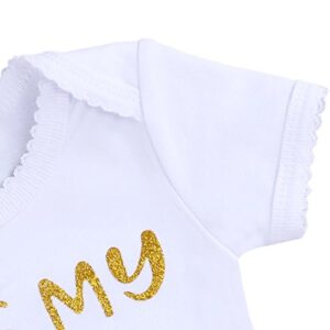 Baby Girls Half 1st 2nd Birthday Outfits Fancy Party Cake Smash Short Sleeve Gold Letter Print Shiny Sequin Bowknot Romper Bodysuit + Tulle Tutu Skirt + Headband + Stripes Leg Warmer 4PCS Clothes Set