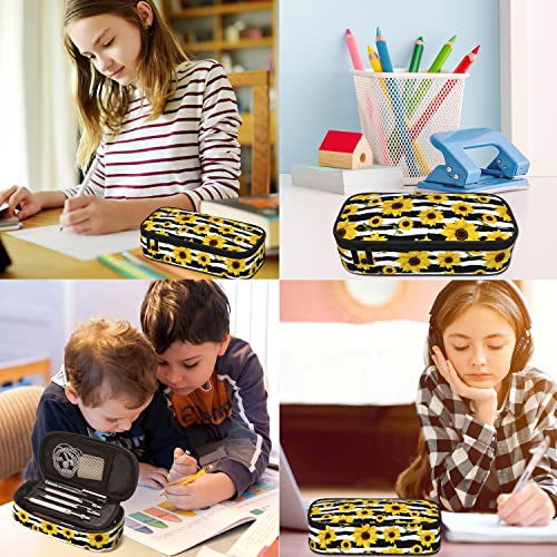 3 Compartments Durable Sunflower Pencil Pen Case for Boys Girls Teen, Large Capacity Pencil Box with Zipper Organizer Pencil Bag Stationery Pouch Makeup Bag Supplies Office Stuff