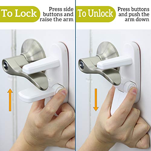 Improved Childproof Door Lever Lock (1 Pack) Prevents Toddlers from Opening Doors. Easy One Hand Operation for Adults. Durable ABS with 3M Adhesive Backing. Simple Install (White, 1-Pack)