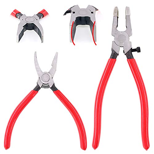 Swpeet 2Pcs Heavy Duty Breaker Grozer Pliers and Glass Running Pliers Kit with Rubber Tips, Glass Pliers with Flat Jaws & Curve Jaw Perfect for Stained Glass