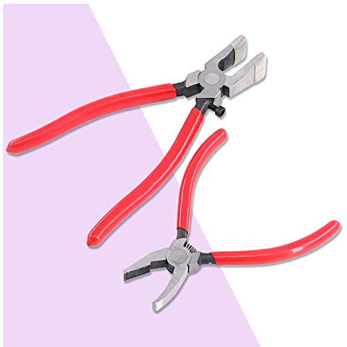 Swpeet 2Pcs Heavy Duty Breaker Grozer Pliers and Glass Running Pliers Kit with Rubber Tips, Glass Pliers with Flat Jaws & Curve Jaw Perfect for Stained Glass