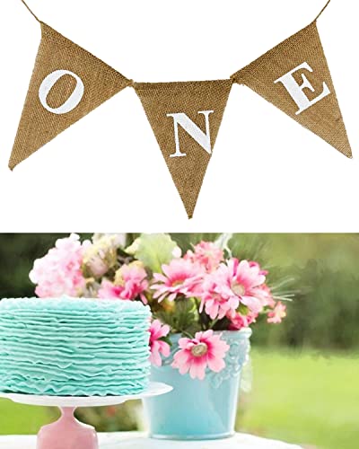 Shimmer Anna Shine First Birthday Banner ONE High Chair for Baby Boy and Girl and Anniversary Party Cake Decorations Flag Burlap (White Print)