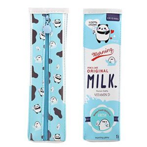 mumusuki pencil bag, 3colors cartoon milk stationery bag waterproof pu large capacity pencil case storage bag(blue)