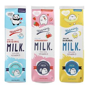 Mumusuki Pencil Bag, 3Colors Cartoon Milk Stationery Bag Waterproof PU Large Capacity Pencil Case Storage Bag(blue)