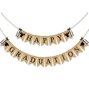 jozon happy graduation burlap banner jute graduation bunting banner garland 2021 graduation decorations grad party decor for college, senior, high school party supplies