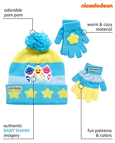 Nickelodeon Boys' Baby Shark Winter Hat and 2 Pairs of Mitten Set (Toddler), Size Age 2-4, Baby Shark Blue/Yellow Glove