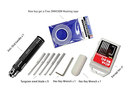 ANSAI Model Scriber Laser Mark Blades 0.2/0.4/0.6/0.8/1.0 mm with Rubber Cap + Carving Masking Tape 3mmx30m,Scribing line, For Engraved,Panel line,Resin GK, Gundam Model