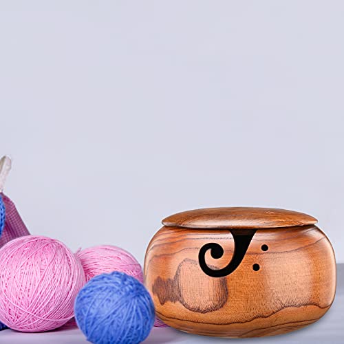 LPAYOK Wooden Yarn Bowl, Knitting Yarn Bowls with Lid, Holes, Crochets, Round Bowl Holder Handmade Yarn Storage Bowl Perfect for DIY Craft Knitting Crocheting 6.3x3.7