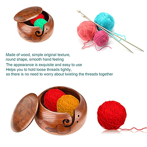 LPAYOK Wooden Yarn Bowl, Knitting Yarn Bowls with Lid, Holes, Crochets, Round Bowl Holder Handmade Yarn Storage Bowl Perfect for DIY Craft Knitting Crocheting 6.3x3.7