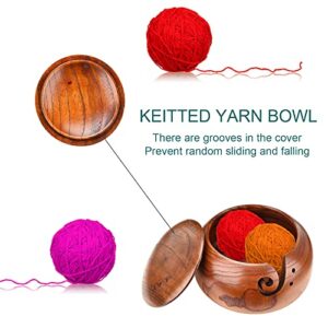 LPAYOK Wooden Yarn Bowl, Knitting Yarn Bowls with Lid, Holes, Crochets, Round Bowl Holder Handmade Yarn Storage Bowl Perfect for DIY Craft Knitting Crocheting 6.3x3.7