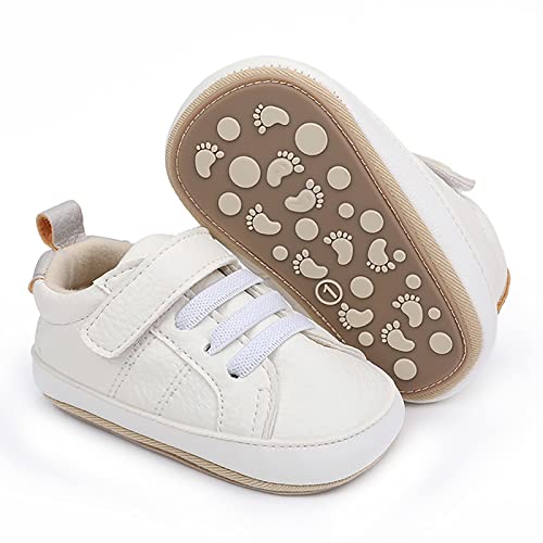 GAISUMMI Baby Boys Girls Sneakers Unisex Infant PU Leather Crib Shoes Toddler Non-Slip Rubber Sole Walking Shoe (A04/White,12-18 Months)