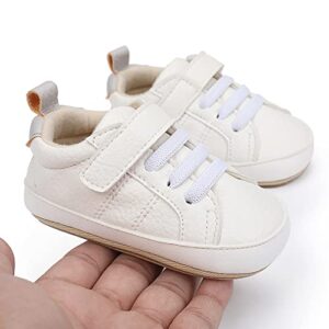 GAISUMMI Baby Boys Girls Sneakers Unisex Infant PU Leather Crib Shoes Toddler Non-Slip Rubber Sole Walking Shoe (A04/White,12-18 Months)