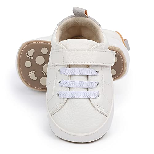 GAISUMMI Baby Boys Girls Sneakers Unisex Infant PU Leather Crib Shoes Toddler Non-Slip Rubber Sole Walking Shoe (A04/White,12-18 Months)