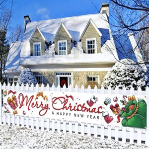 Large Merry Christmas Banner Xmas Outdoor Decorations Double Printed Happy New Year Cute Presents 120" x 20" Huge Yard Sign Holiday Party Supplies Backdrop Home Decor Ornaments for Garden House Fence Garage Indoor Gifts