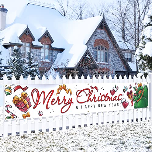 Large Merry Christmas Banner Xmas Outdoor Decorations Double Printed Happy New Year Cute Presents 120" x 20" Huge Yard Sign Holiday Party Supplies Backdrop Home Decor Ornaments for Garden House Fence Garage Indoor Gifts