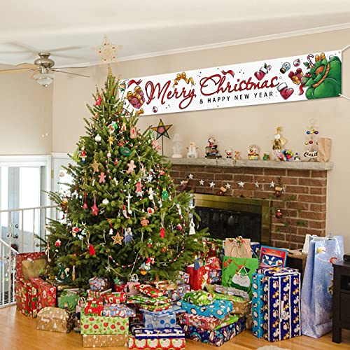 Large Merry Christmas Banner Xmas Outdoor Decorations Double Printed Happy New Year Cute Presents 120" x 20" Huge Yard Sign Holiday Party Supplies Backdrop Home Decor Ornaments for Garden House Fence Garage Indoor Gifts