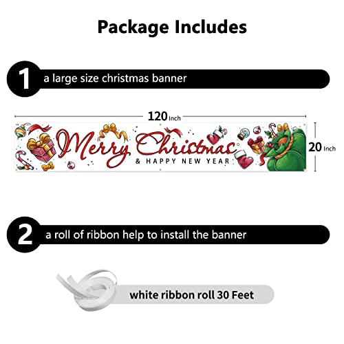 Large Merry Christmas Banner Xmas Outdoor Decorations Double Printed Happy New Year Cute Presents 120" x 20" Huge Yard Sign Holiday Party Supplies Backdrop Home Decor Ornaments for Garden House Fence Garage Indoor Gifts