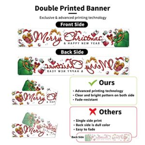 Large Merry Christmas Banner Xmas Outdoor Decorations Double Printed Happy New Year Cute Presents 120" x 20" Huge Yard Sign Holiday Party Supplies Backdrop Home Decor Ornaments for Garden House Fence Garage Indoor Gifts