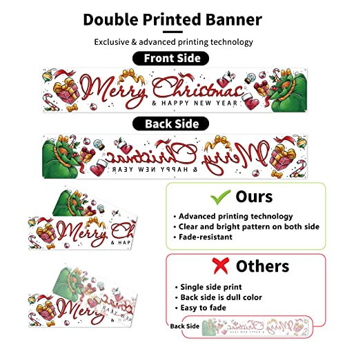 Large Merry Christmas Banner Xmas Outdoor Decorations Double Printed Happy New Year Cute Presents 120" x 20" Huge Yard Sign Holiday Party Supplies Backdrop Home Decor Ornaments for Garden House Fence Garage Indoor Gifts