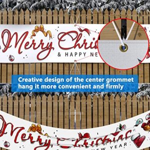 Large Merry Christmas Banner Xmas Outdoor Decorations Double Printed Happy New Year Cute Presents 120" x 20" Huge Yard Sign Holiday Party Supplies Backdrop Home Decor Ornaments for Garden House Fence Garage Indoor Gifts