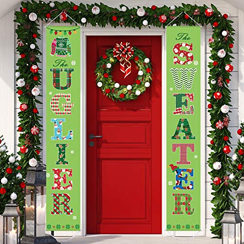 2 Pieces Ugly Sweater Sign Banner Decoration Set for Christmas Wild and Ugly Sweater Party Supplies Holiday Christmas Party Decorations Porch Sign