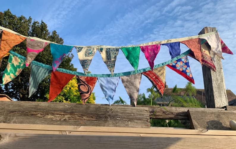 Silk handmade Bunting garden decoration, recycled prayer flags Door valance Wall hanging