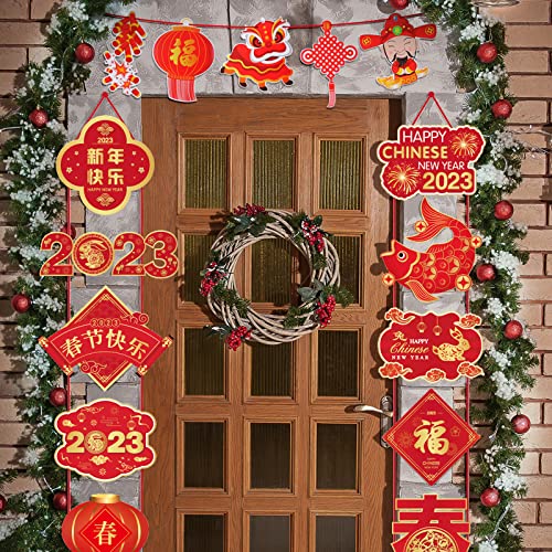 22 Pieces Chinese New Year Decorations Set Includes 2023 Chinese New Year Banner Year of The Rabbit Porch Sign Red Gold Hanging Wall Decor and 20 Pieces Fu Character Window Stickers for 2023 Party