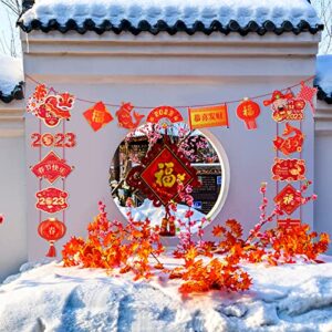 22 Pieces Chinese New Year Decorations Set Includes 2023 Chinese New Year Banner Year of The Rabbit Porch Sign Red Gold Hanging Wall Decor and 20 Pieces Fu Character Window Stickers for 2023 Party