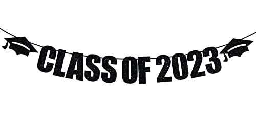 Class of 2023 Banner, 2023 Graduation Theme Party Decorations Supplies, Congrats Grad High School / College Graduate Bunting Sign, Black Glitter