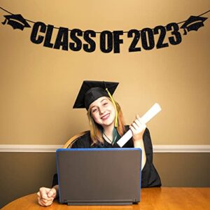 Class of 2023 Banner, 2023 Graduation Theme Party Decorations Supplies, Congrats Grad High School / College Graduate Bunting Sign, Black Glitter