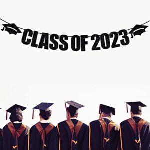 Class of 2023 Banner, 2023 Graduation Theme Party Decorations Supplies, Congrats Grad High School / College Graduate Bunting Sign, Black Glitter