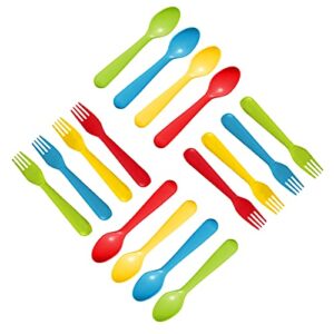 plaskidy plastic toddler utensils set 8 kids forks and 8 kids spoons – bpa free/dishwasher safe toddler silverware brightly colored kid plastic cutlery set, great for kids and toddlers utensils