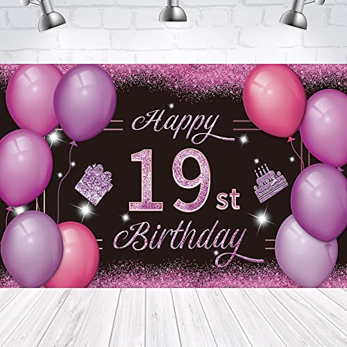 Happy 19st Birthday Backdrop Banner Pink Purple 19th Sign Poster 19 Birthday Party Supplies for Anniversary Photo Booth Photography Background Birthday Party Decorations, 72.8 x 43.3 Inch