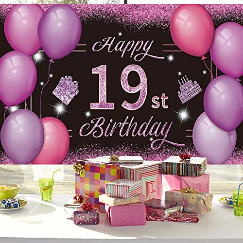 Happy 19st Birthday Backdrop Banner Pink Purple 19th Sign Poster 19 Birthday Party Supplies for Anniversary Photo Booth Photography Background Birthday Party Decorations, 72.8 x 43.3 Inch