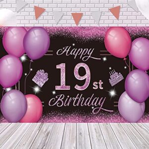 Happy 19st Birthday Backdrop Banner Pink Purple 19th Sign Poster 19 Birthday Party Supplies for Anniversary Photo Booth Photography Background Birthday Party Decorations, 72.8 x 43.3 Inch