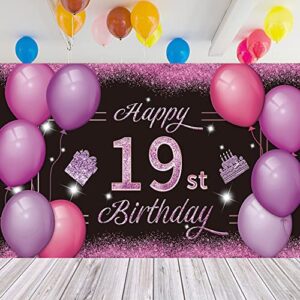 Happy 19st Birthday Backdrop Banner Pink Purple 19th Sign Poster 19 Birthday Party Supplies for Anniversary Photo Booth Photography Background Birthday Party Decorations, 72.8 x 43.3 Inch