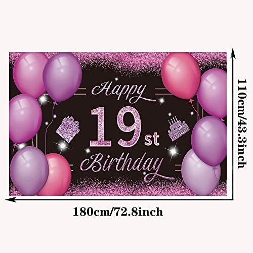 Happy 19st Birthday Backdrop Banner Pink Purple 19th Sign Poster 19 Birthday Party Supplies for Anniversary Photo Booth Photography Background Birthday Party Decorations, 72.8 x 43.3 Inch