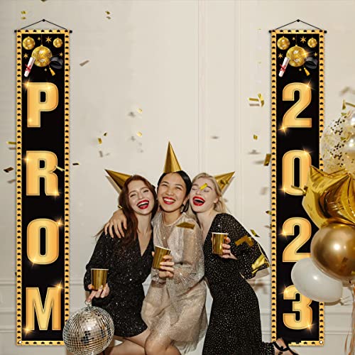 Nepnuser Prom 2023 Porch Banner Graduation Party Decor Black and Gold Glitter Dance Front Door Hanging Sign Home Indoor Outdoor Decoration