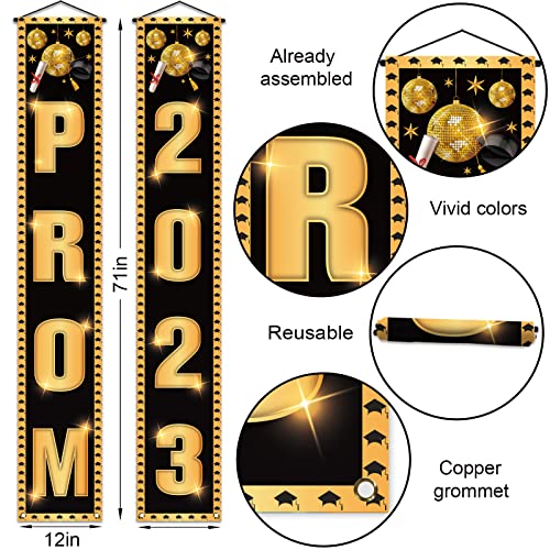 Nepnuser Prom 2023 Porch Banner Graduation Party Decor Black and Gold Glitter Dance Front Door Hanging Sign Home Indoor Outdoor Decoration