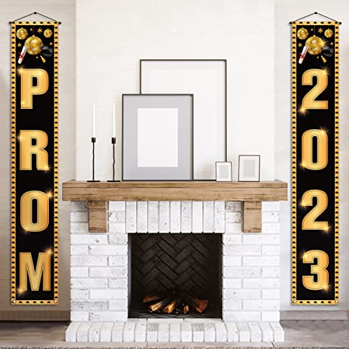 Nepnuser Prom 2023 Porch Banner Graduation Party Decor Black and Gold Glitter Dance Front Door Hanging Sign Home Indoor Outdoor Decoration