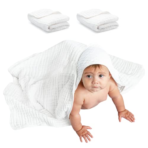 Comfy Cubs 2 Pack Baby Hooded Muslin Cotton Towel for Kids, Large 32” x 32”, Ultra Soft, Warm, and Absorbent. Baby Essentials Bath Towels, Cute Unisex Cover for Girls and Boys (2 Pack, White)