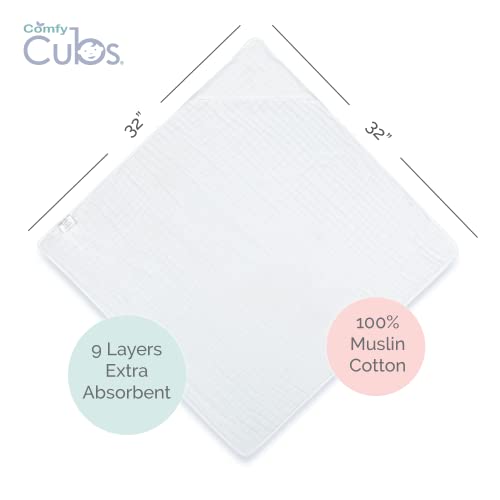 Comfy Cubs 2 Pack Baby Hooded Muslin Cotton Towel for Kids, Large 32” x 32”, Ultra Soft, Warm, and Absorbent. Baby Essentials Bath Towels, Cute Unisex Cover for Girls and Boys (2 Pack, White)